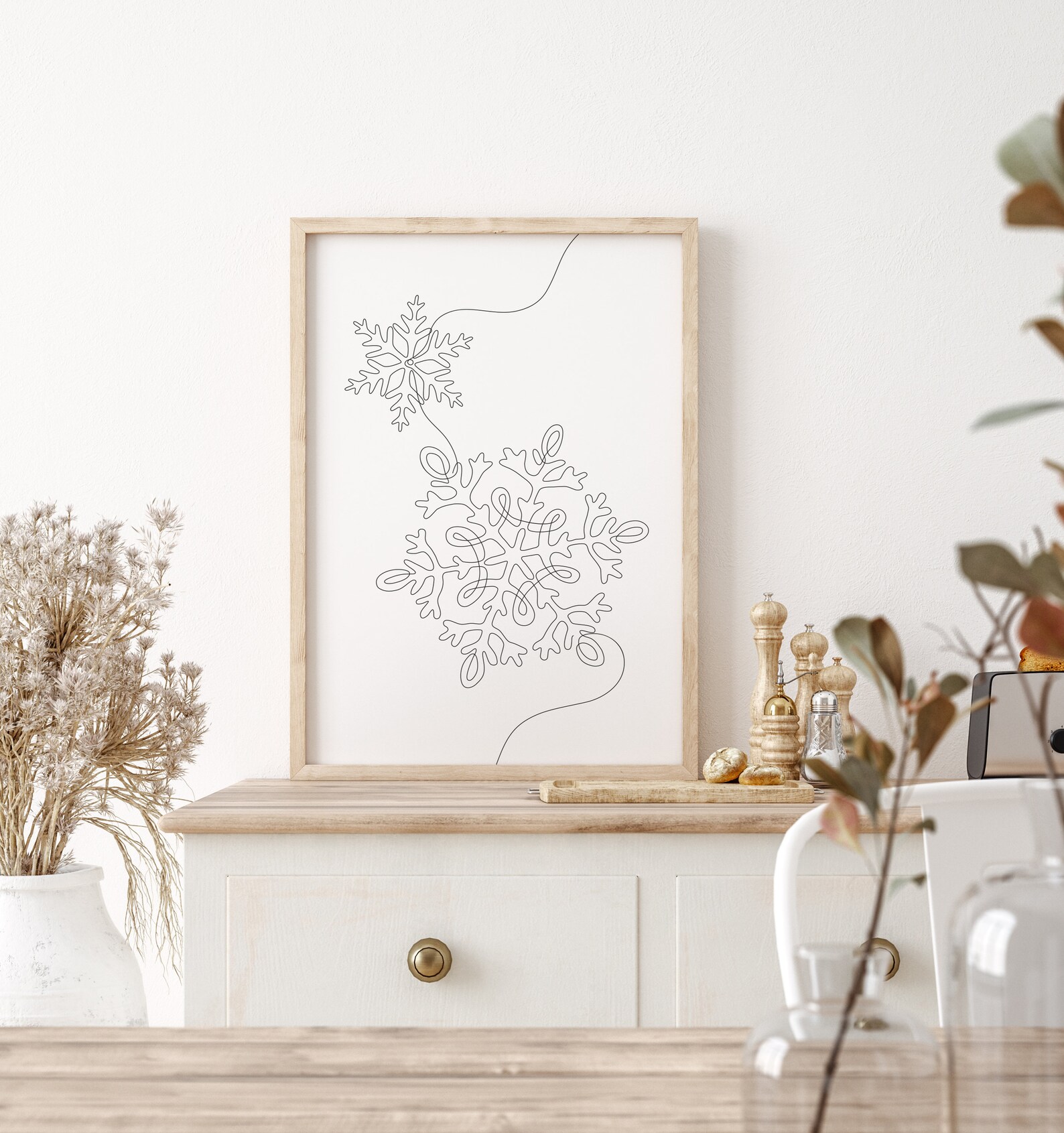 Snowflakes Line Drawing, Winter Line Art, Simple Snowflake Drawing ...