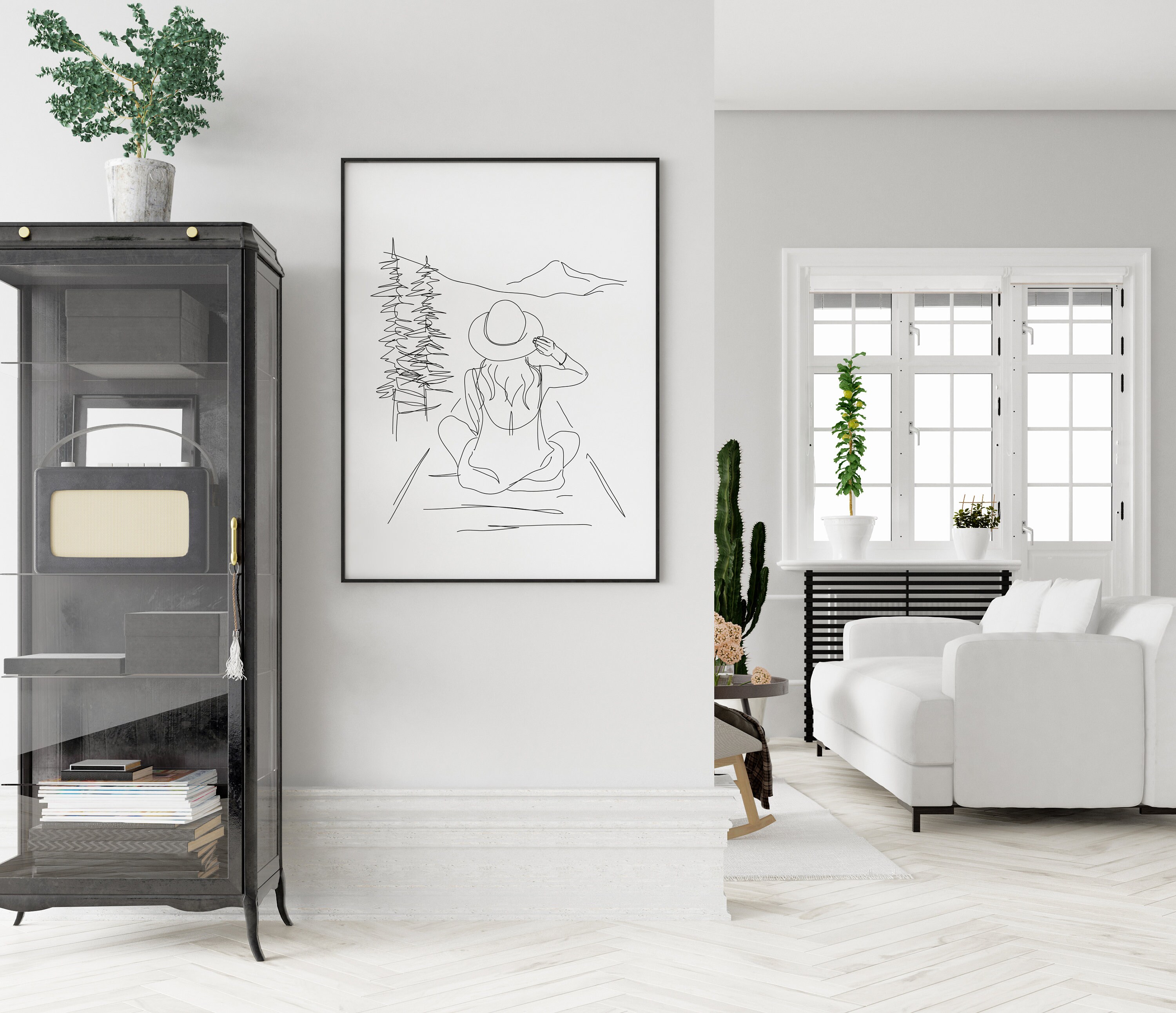 Wanderlust Line Drawing, Girl With Hat Line Art, Traveling Art Prints ...