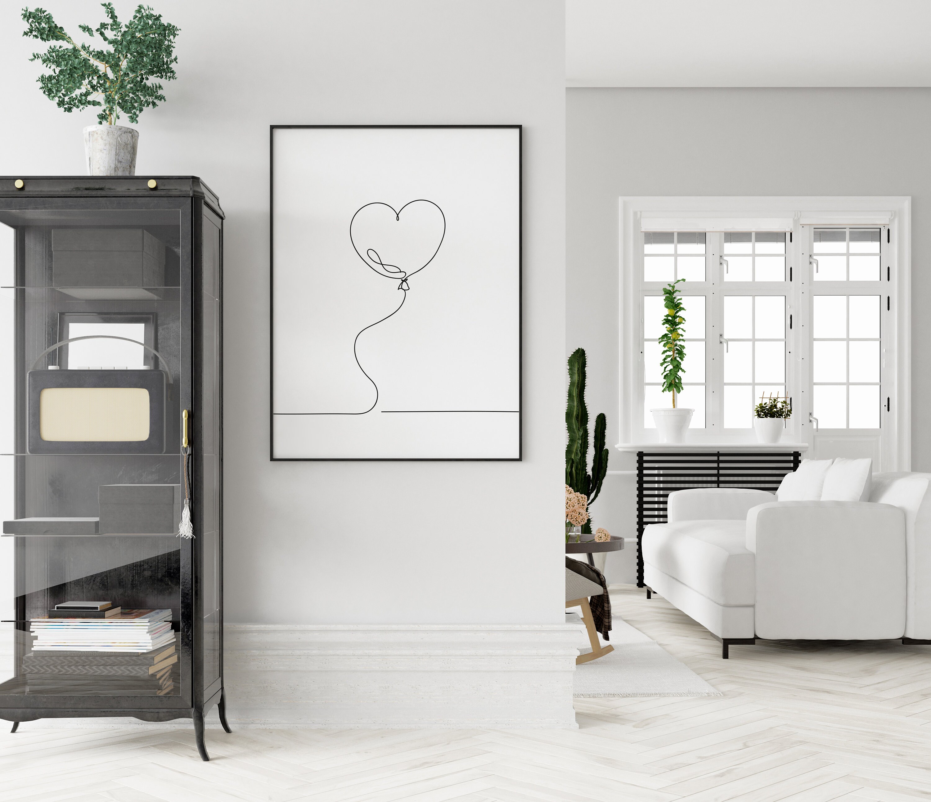 Heart Balloon Line Drawing, Newlyweds Gift, Valentine's Day Wall Art ...