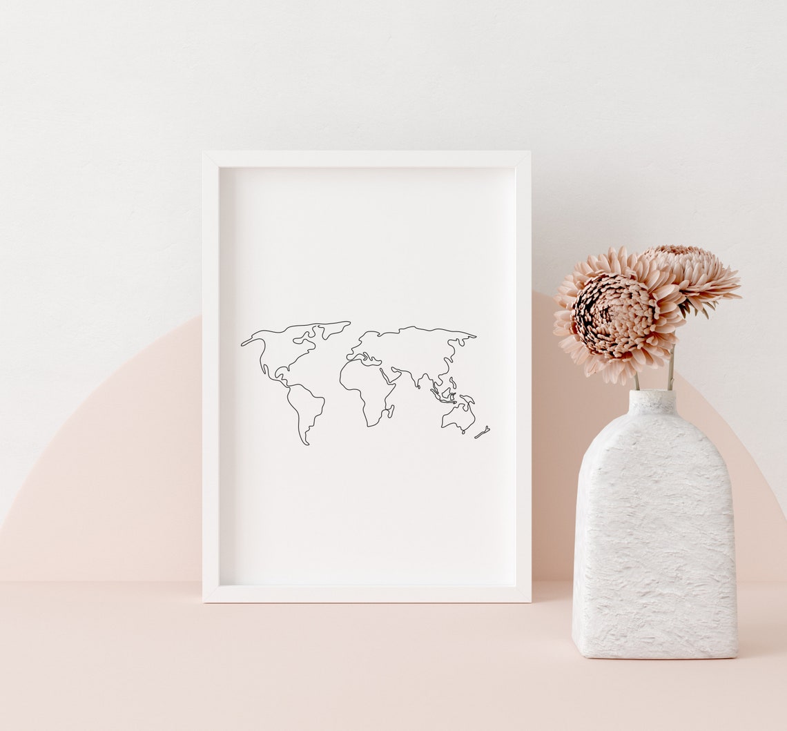 World Map Line Art Black and White World Map Poster - Etsy