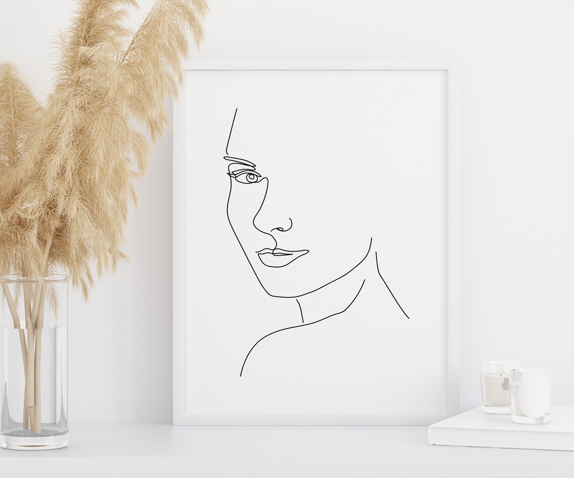 Line Drawing Portrait, Woman Looking Over Shoulder, Wall Art, Face Line ...
