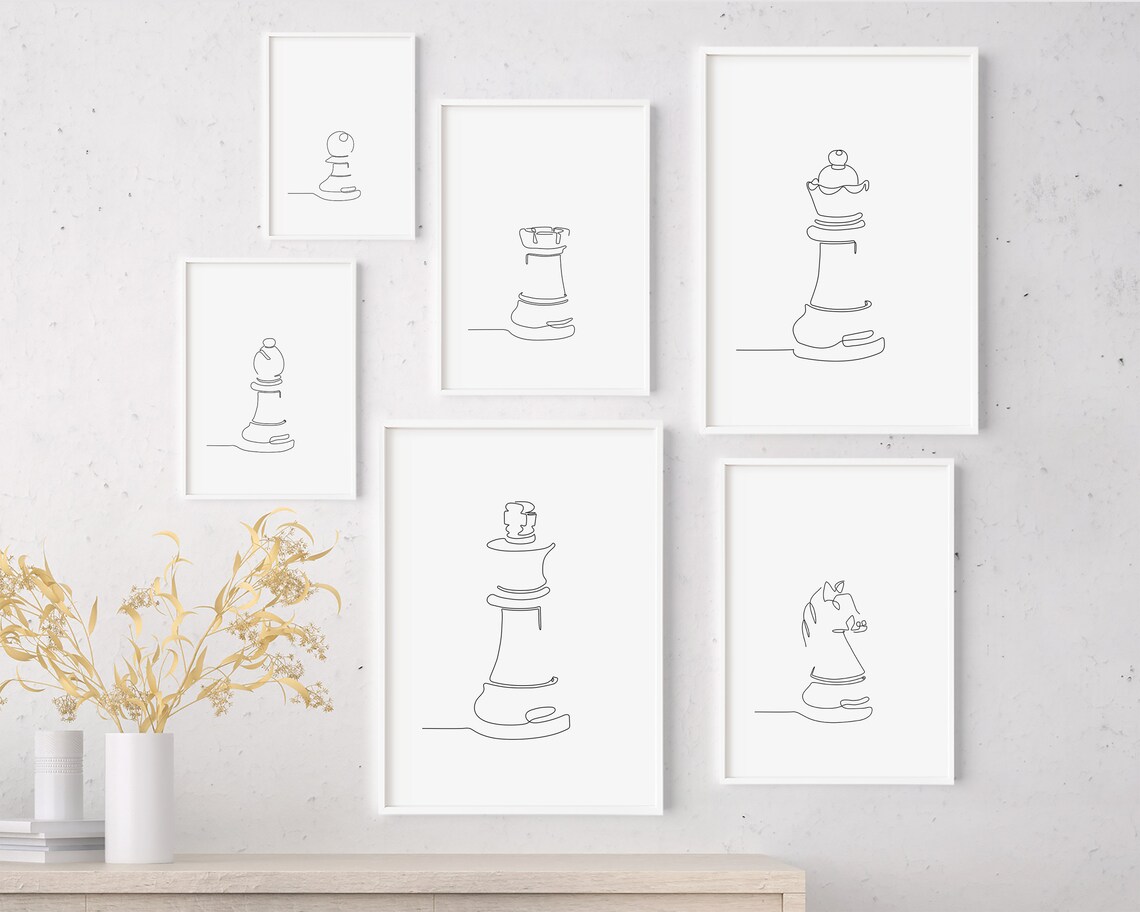 Chess Wall Art Chess Pieces Line Drawing King Queen Bishop - Etsy