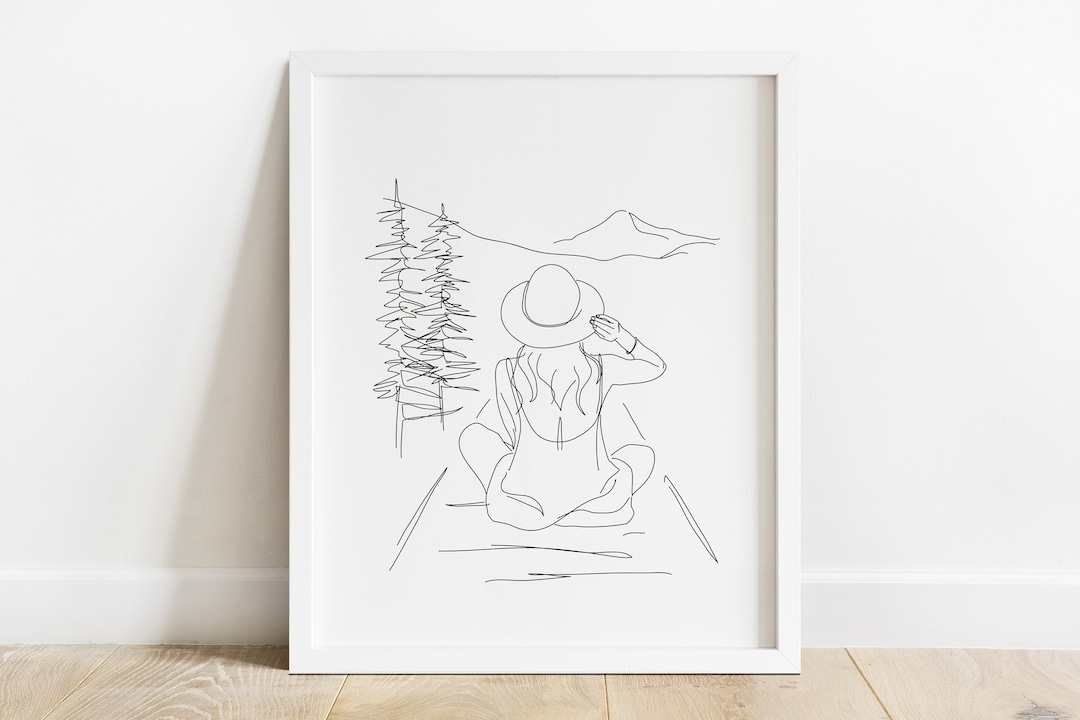 Wanderlust Line Drawing, Girl With Hat Line Art, Traveling Art Prints ...
