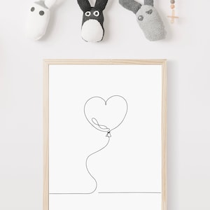 Heart Balloon Line Drawing, Newlyweds Gift, Valentine's Day Wall Art ...