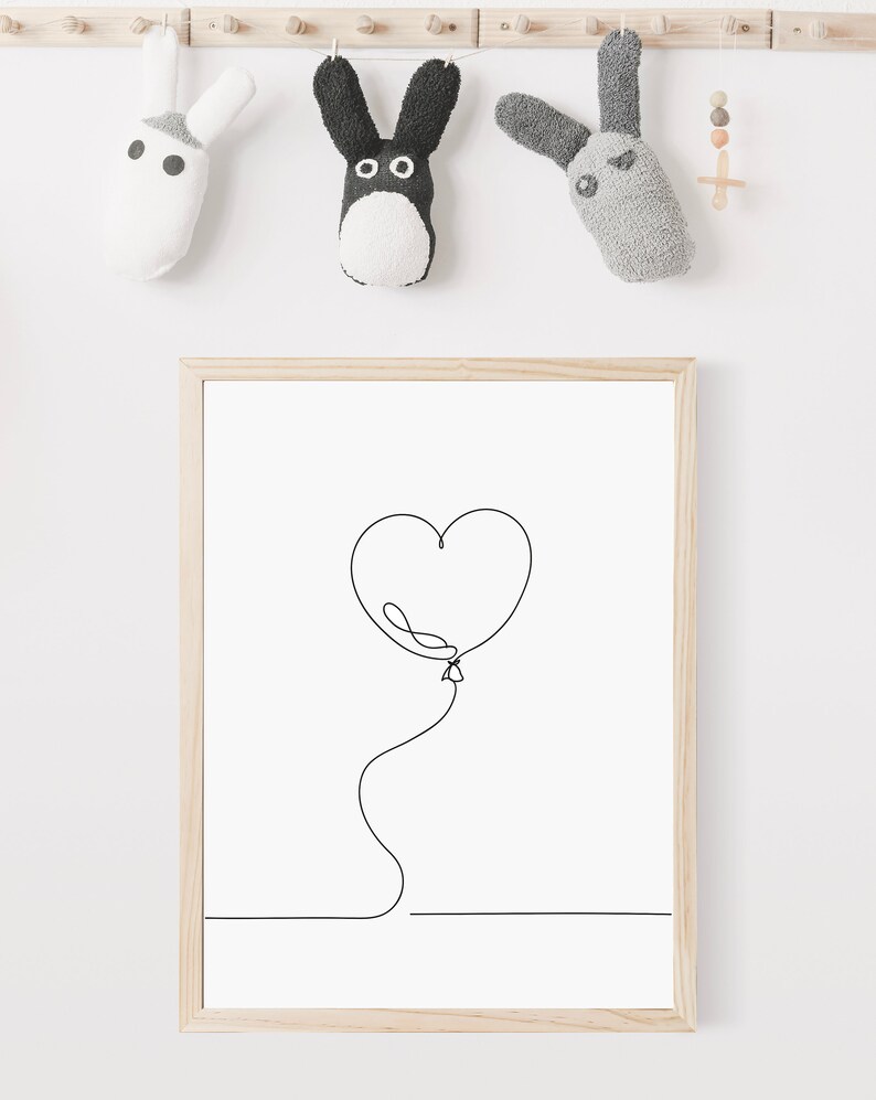 Heart Balloon Line Drawing, Newlyweds Gift, Valentine's Day Wall Art ...