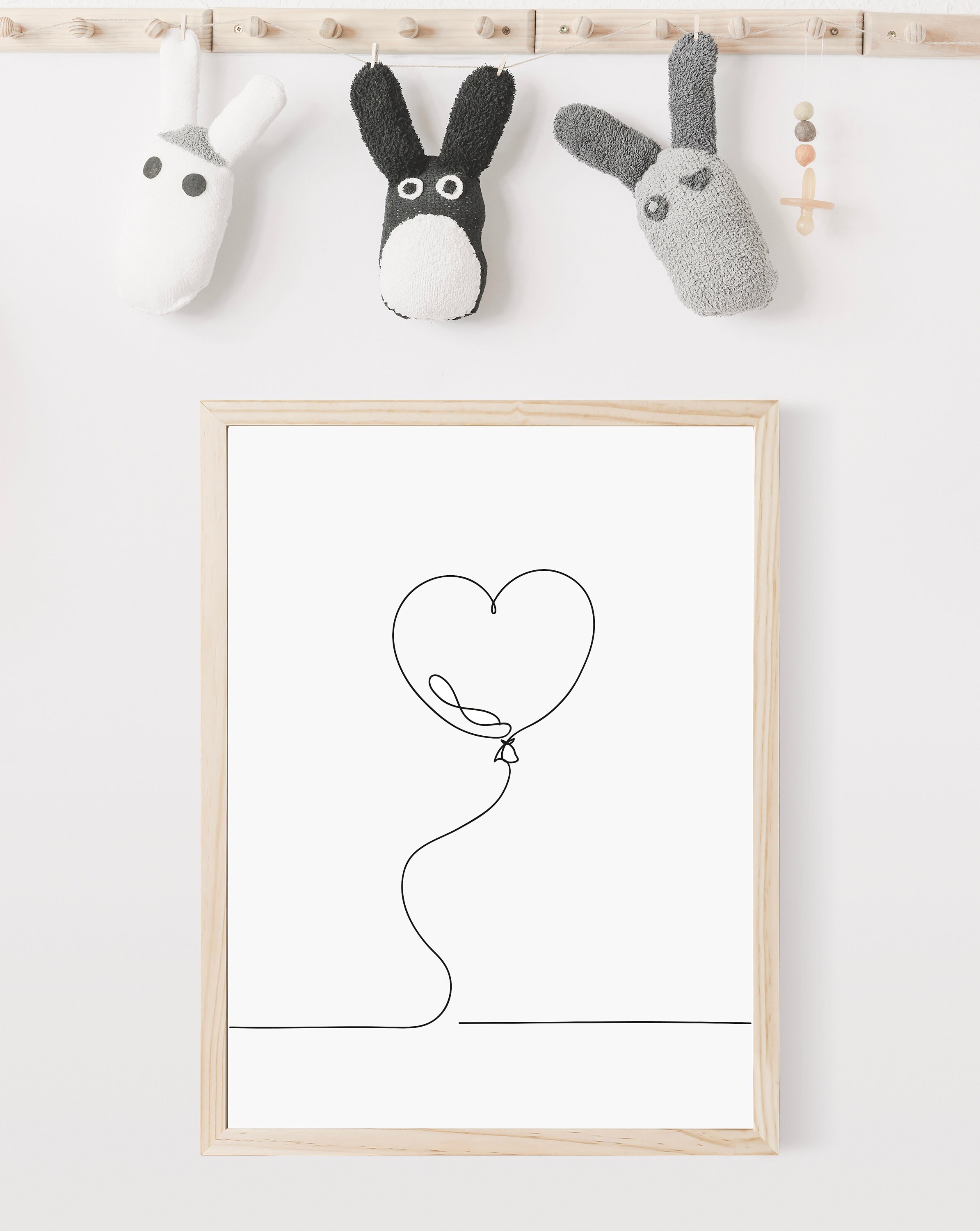 Heart Balloon Line Drawing, Newlyweds Gift, Valentine's Day Wall Art ...
