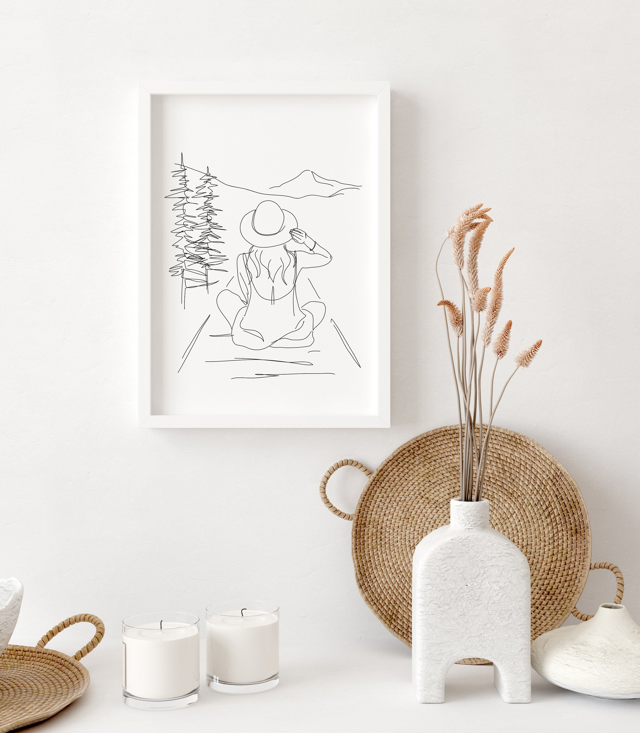Wanderlust Line Drawing, Girl With Hat Line Art, Traveling Art Prints ...