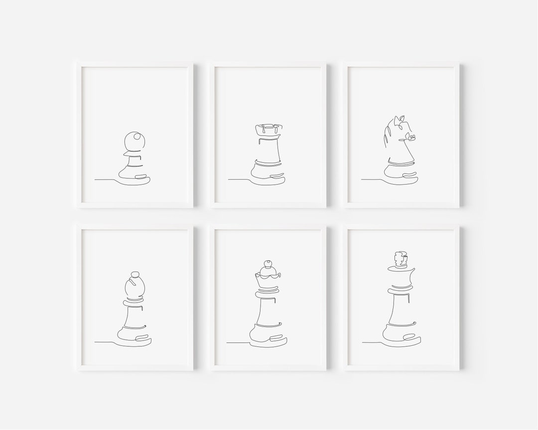 Chess Wall Art, Chess Pieces Line Drawing, King Queen Bishop Knight ...