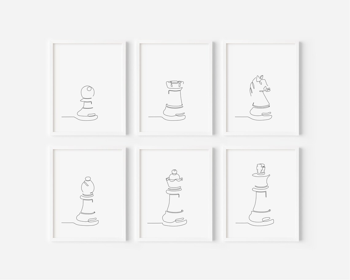Chess Wall Art Chess Pieces Line Drawing King Queen Bishop - Etsy