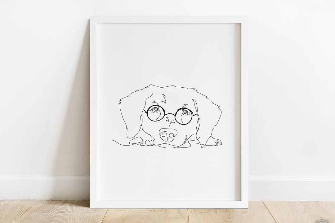 Golden Retriever Labrador Puppy With Glasses Line Drawing, Dog Lying ...