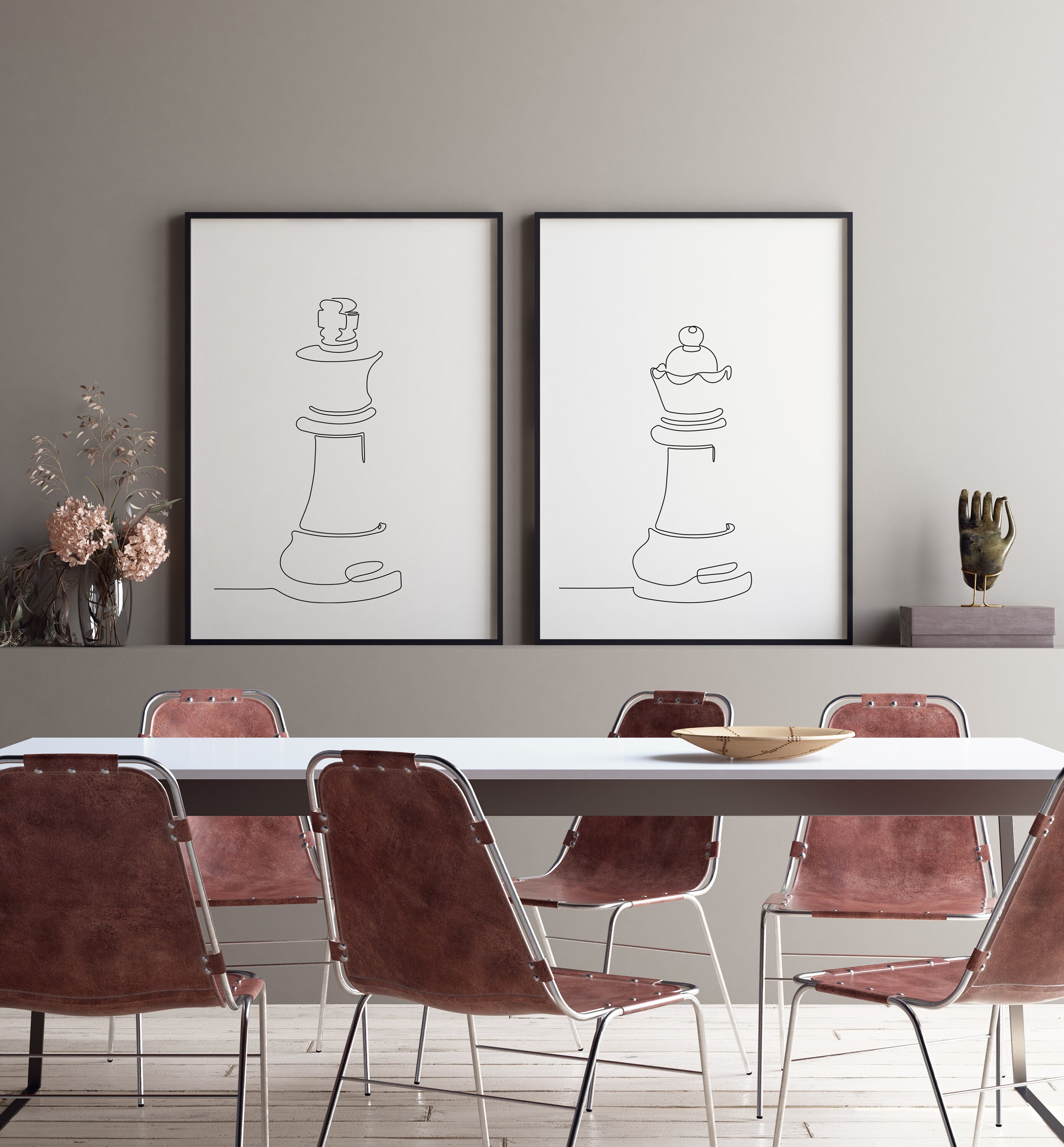 King Queen Chess Line Drawing, Chess Poster, Man Woman Wall Art, Chess ...