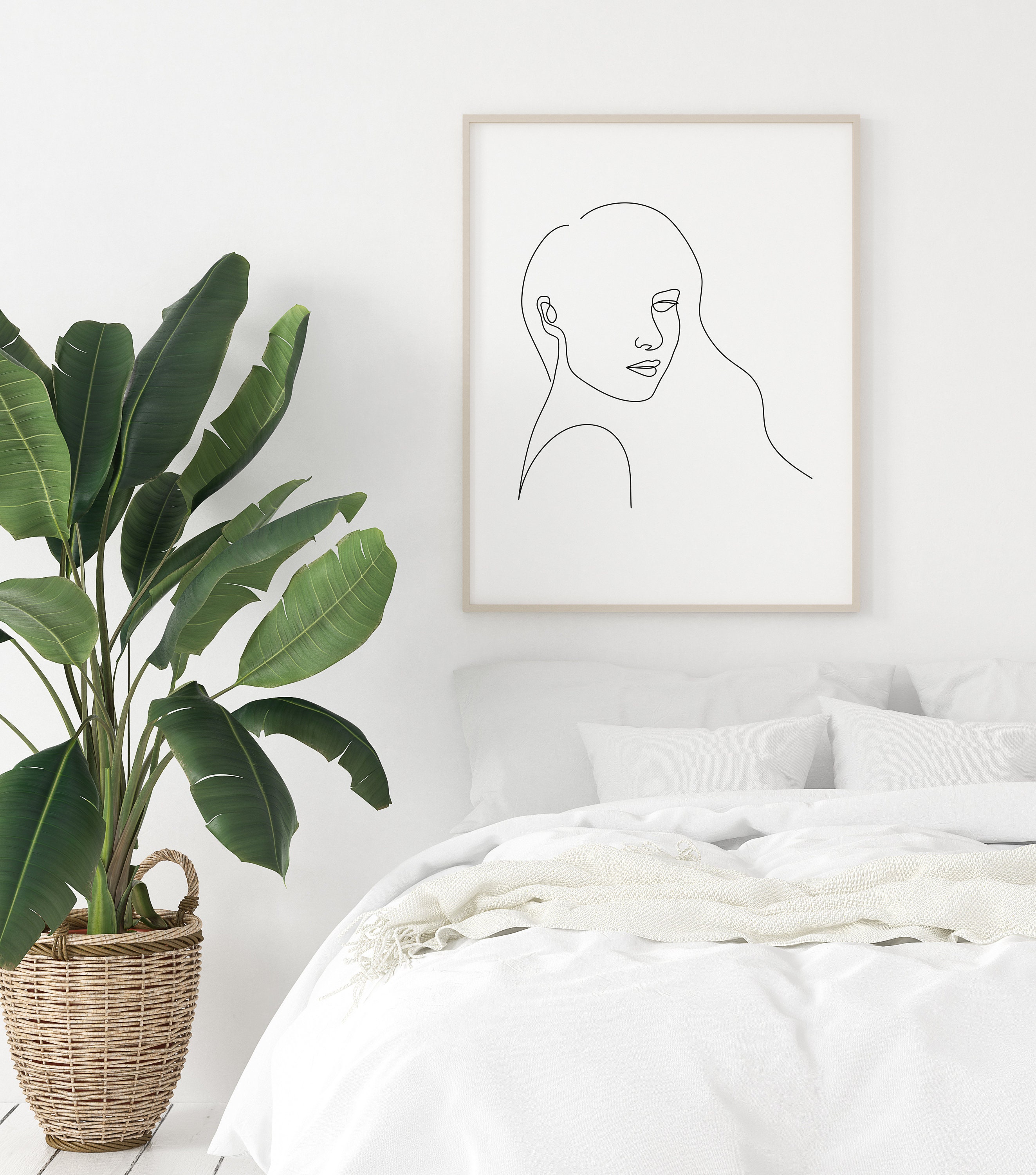 Line Art Portrait, Woman Line Drawing, Face Wall Poster, Long Hair ...