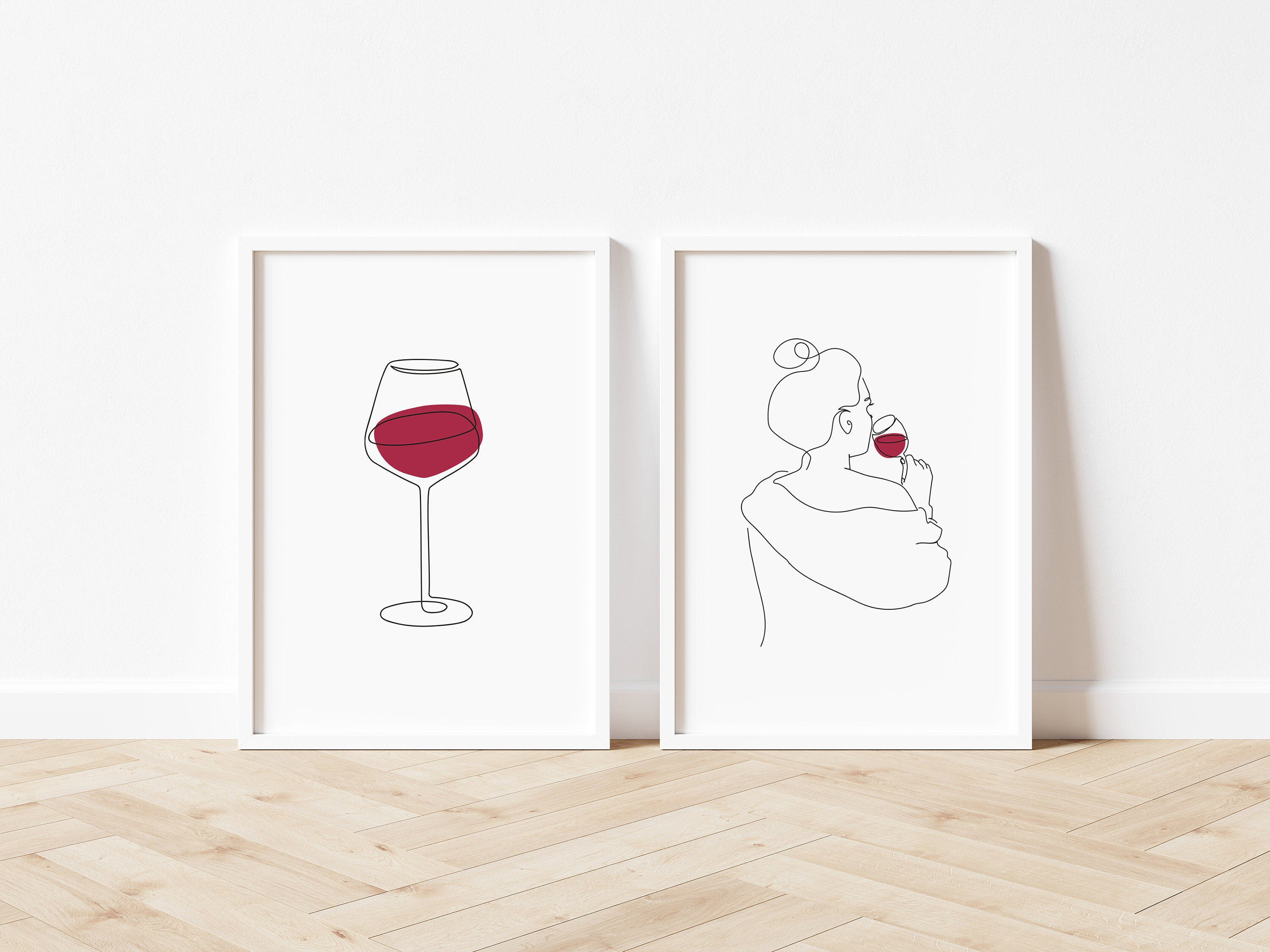 Set of 2 Red Wine Line Drawings, Wine Wall Art, Woman Drinking Wine ...