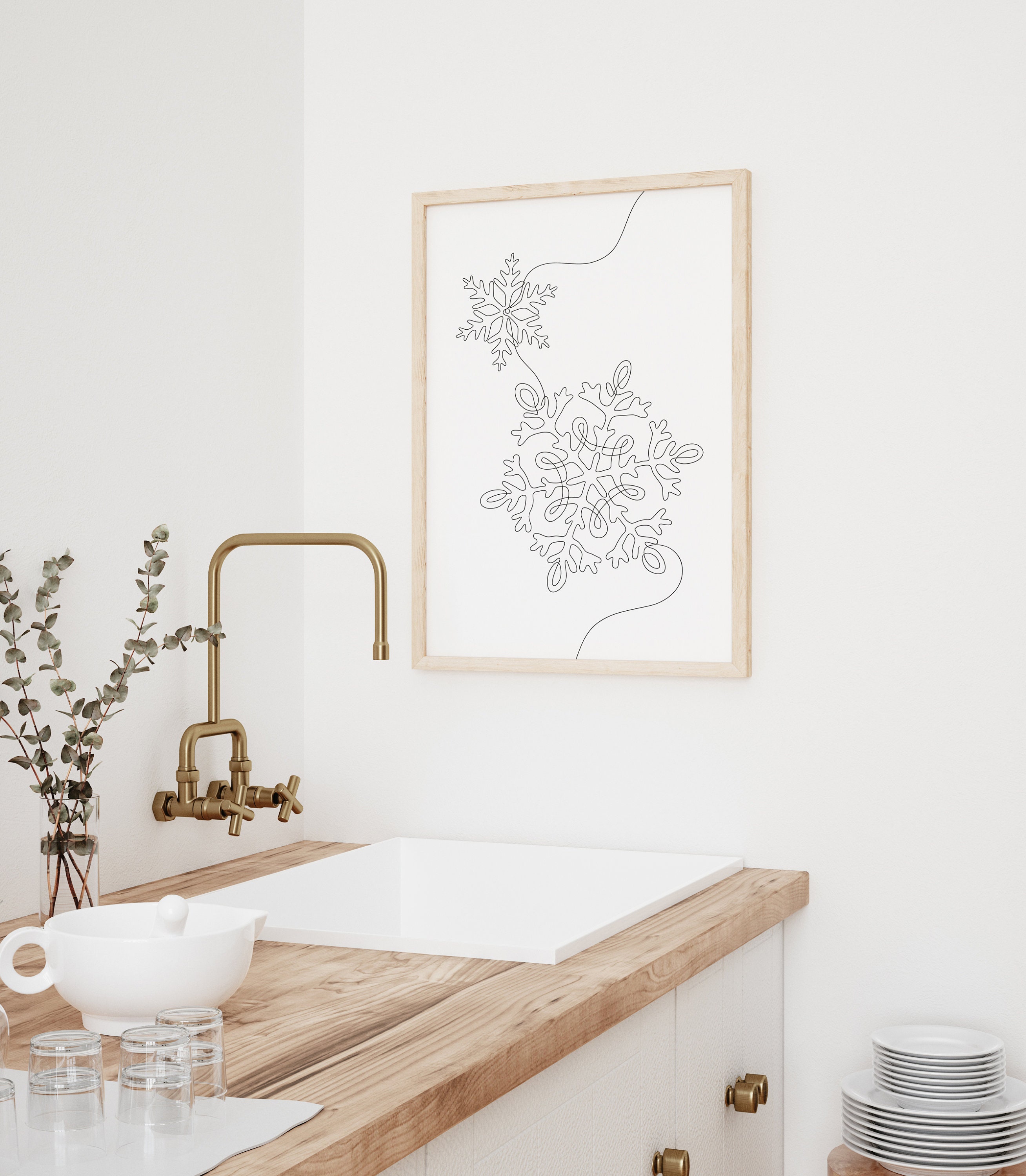 Snowflakes Line Drawing, Winter Line Art, Simple Snowflake Drawing ...