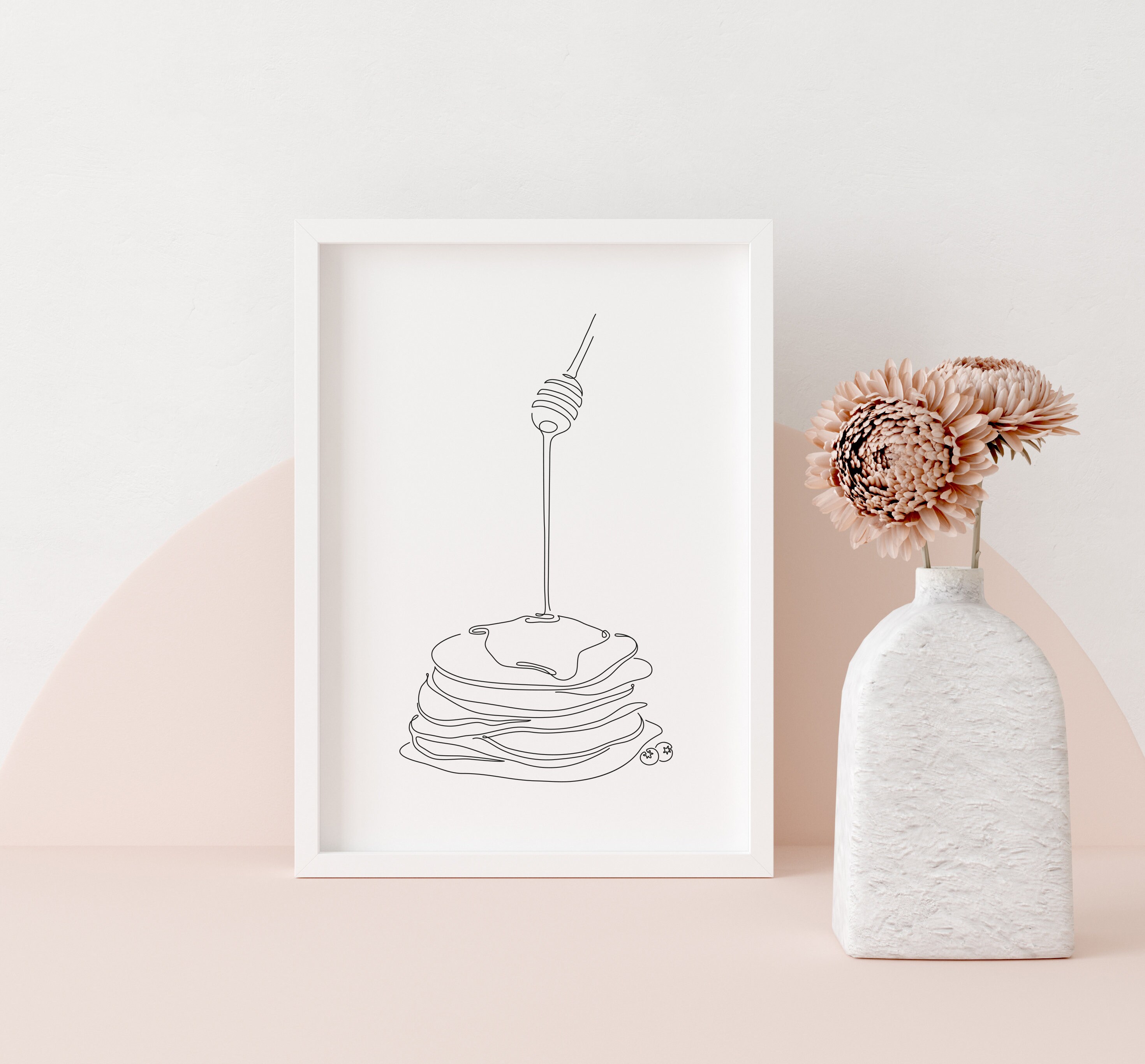 Pancakes With Syrup Poster, Breakfast Line Drawing, Pancakes Line Art ...