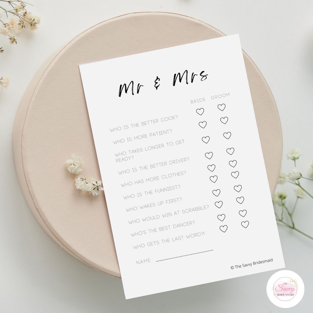 Mr and Mrs Bridal Shower Game - Fun and Revealing Wedding Party ...