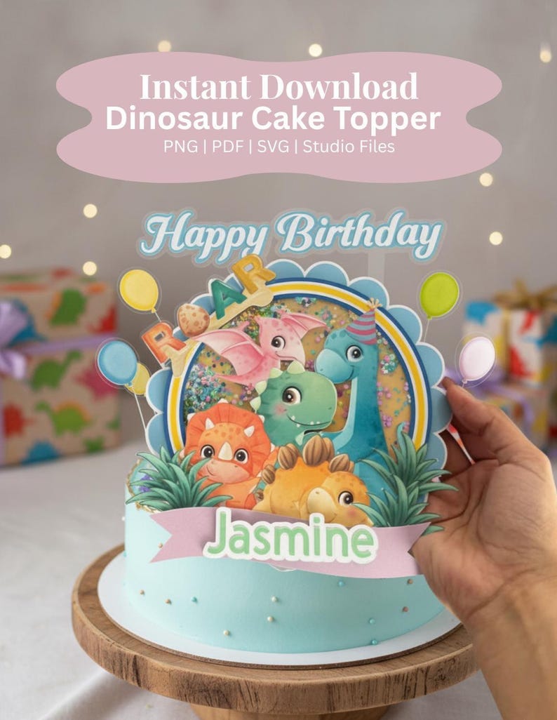 Dinosaur Cake Topper | Editable Name | SVG PDF PNG | Cricut and ...