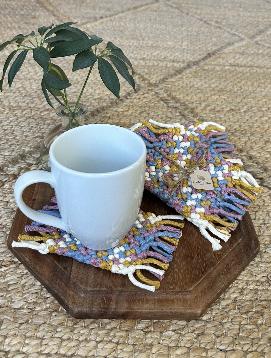Macramé Mug Rug Boho Coaster With Fringe Desk & Office Decor Colorful ...