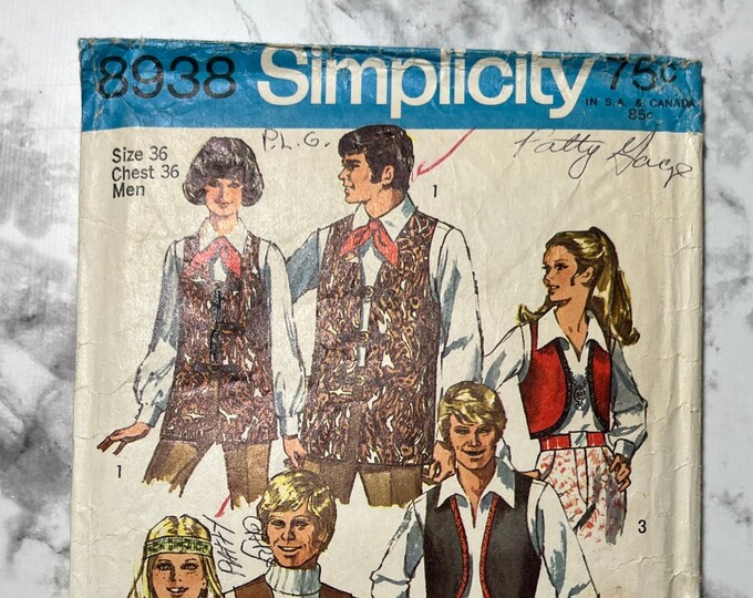 70s Simple to Sew Mens and Misses Set of Vests Pattern, Mens Open Front ...