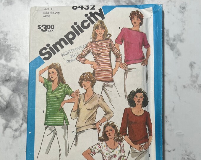 80s Misses Set of Pullover Tops Pattern, Short or Three Quarter Sleeve Shirt Pattern, Simplicity ...