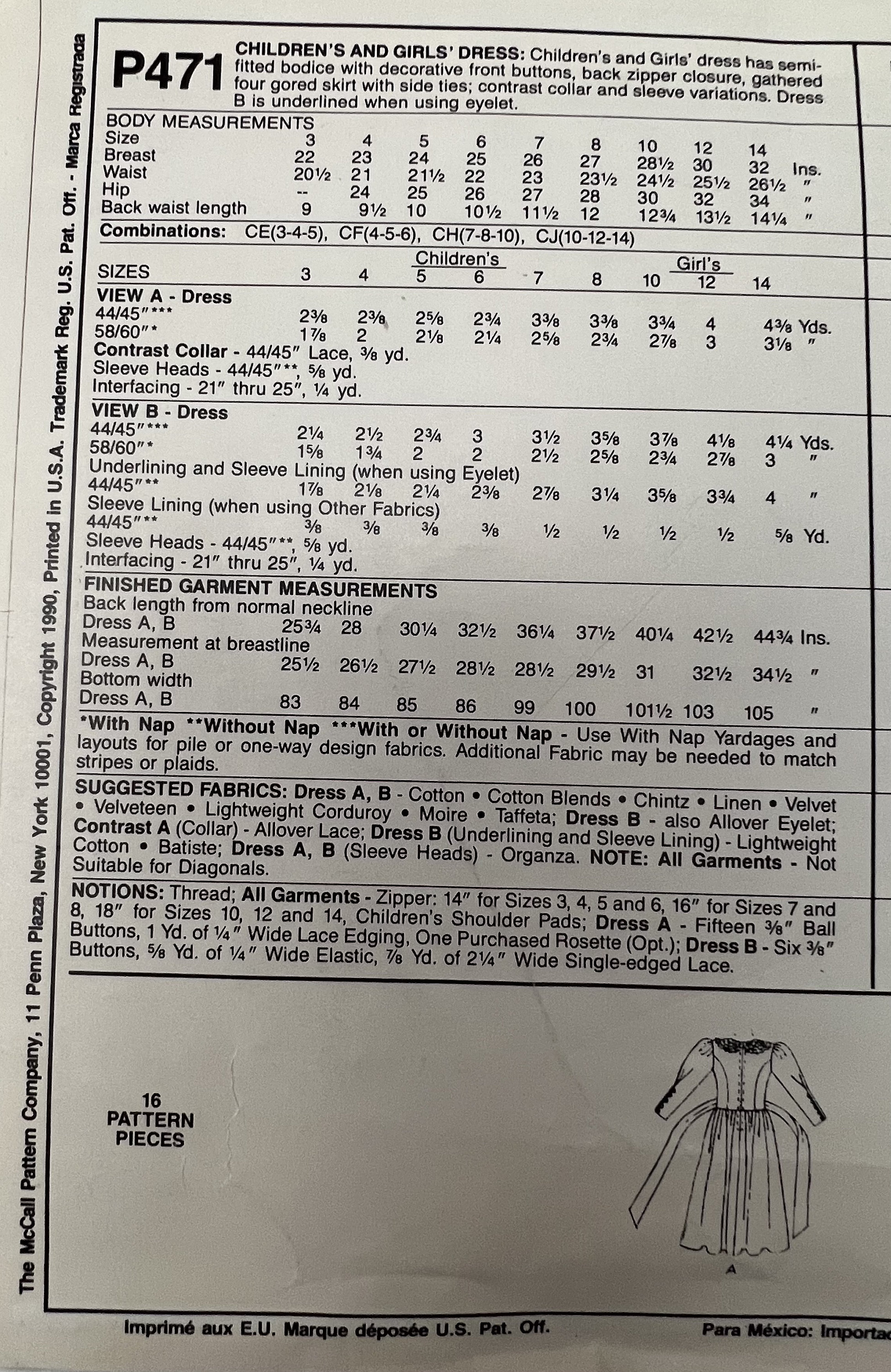90s Children's and Girl's Dress Pattern, Long or Short Sleeve Collared ...