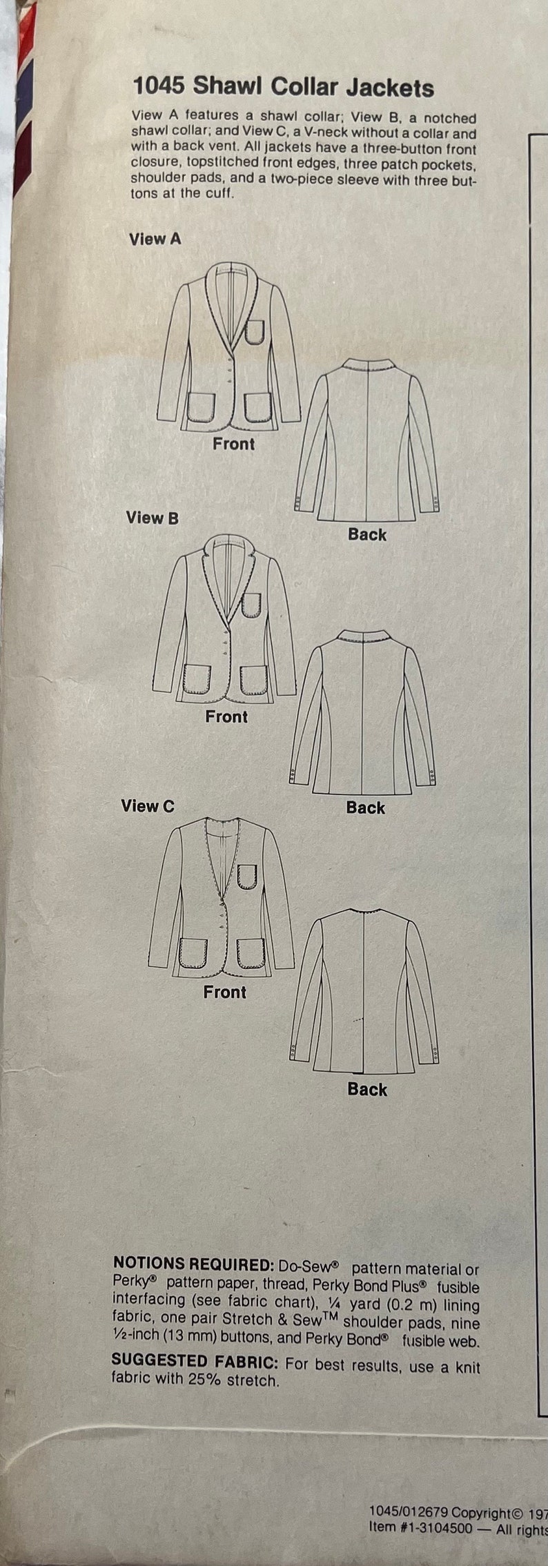 70s Shawl Collar Jackets Pattern, Button Front Women's Blazer Pattern ...