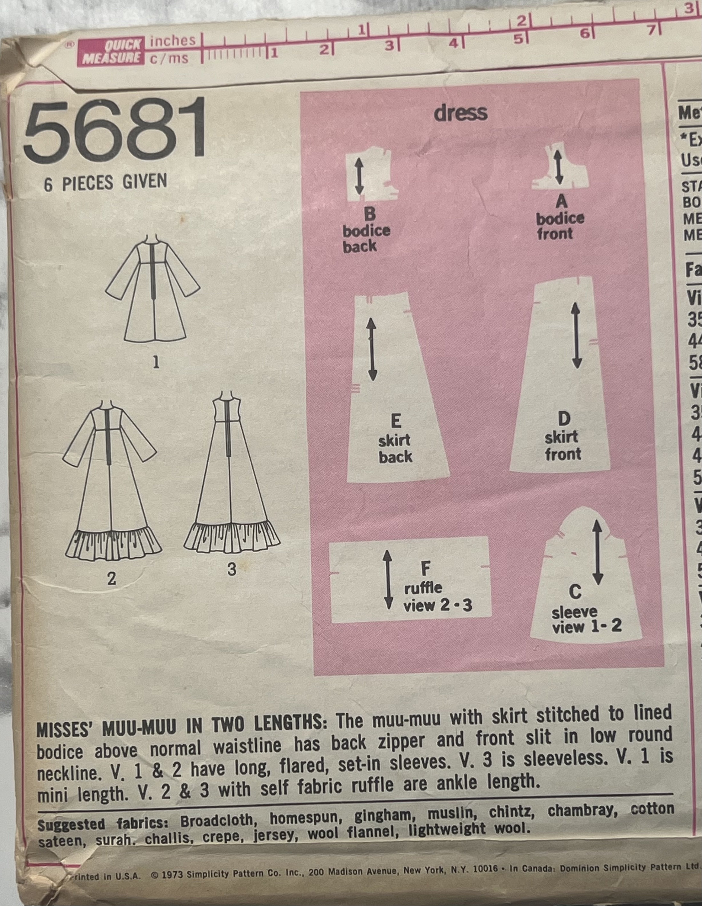70s Misses' Muu-muu Pattern in 2 Lengths, Long or Short Length Muu-muu ...