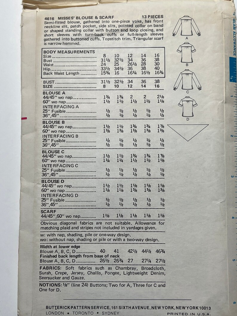 70s Collared V Neck Blouse and Scarf Pattern, Short or Long Sleeve ...