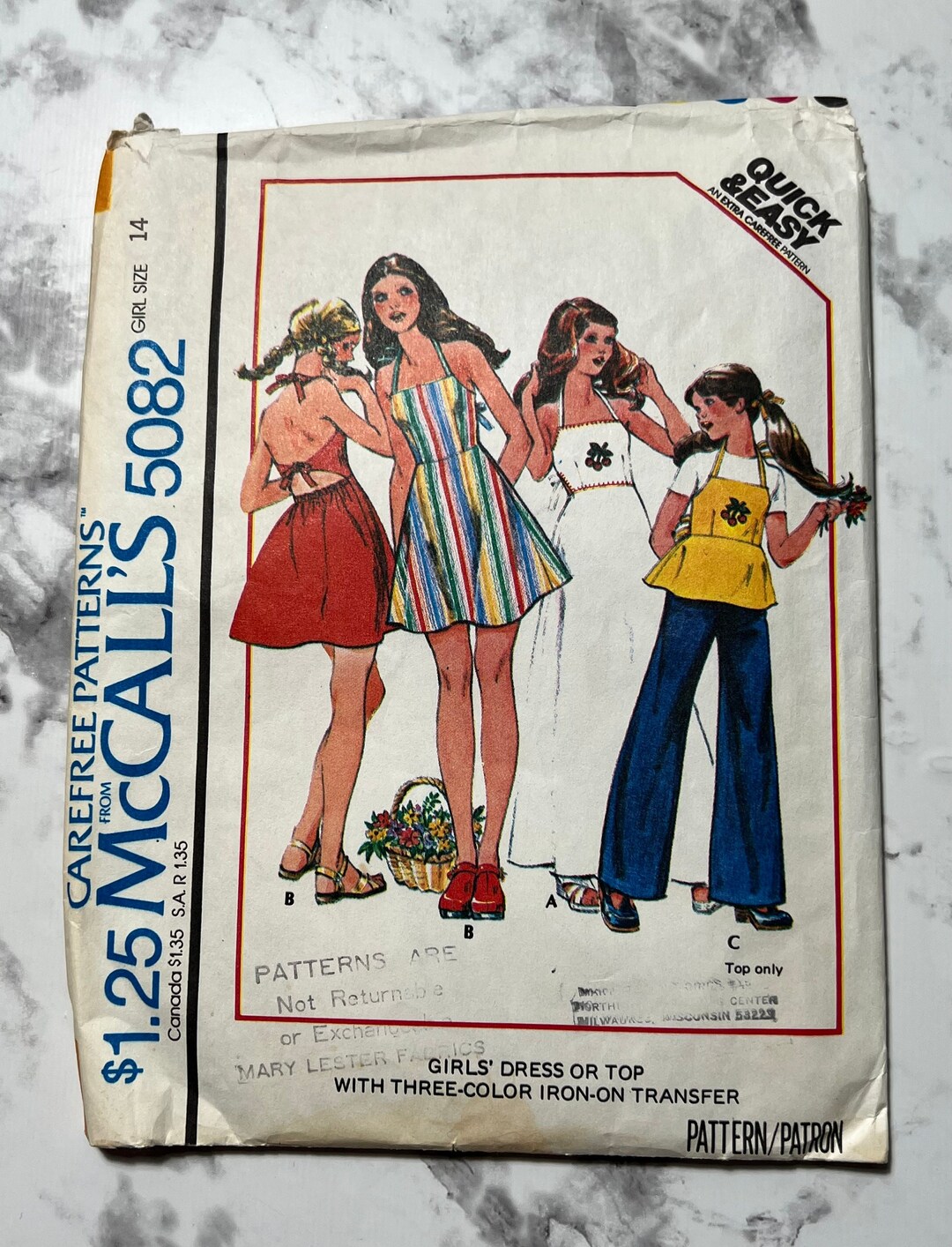 70s Girls Dress or Top Pattern With Three Color Iron on Transfers ...
