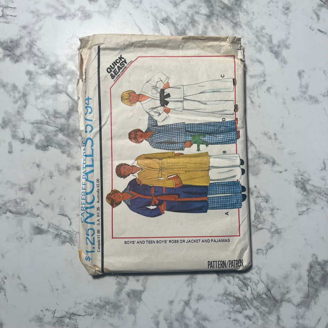 70s Quick and Easy Boys' and Teen Boys' Robe or Jacket and Pajamas Pattern, Tie Front Robe and ...