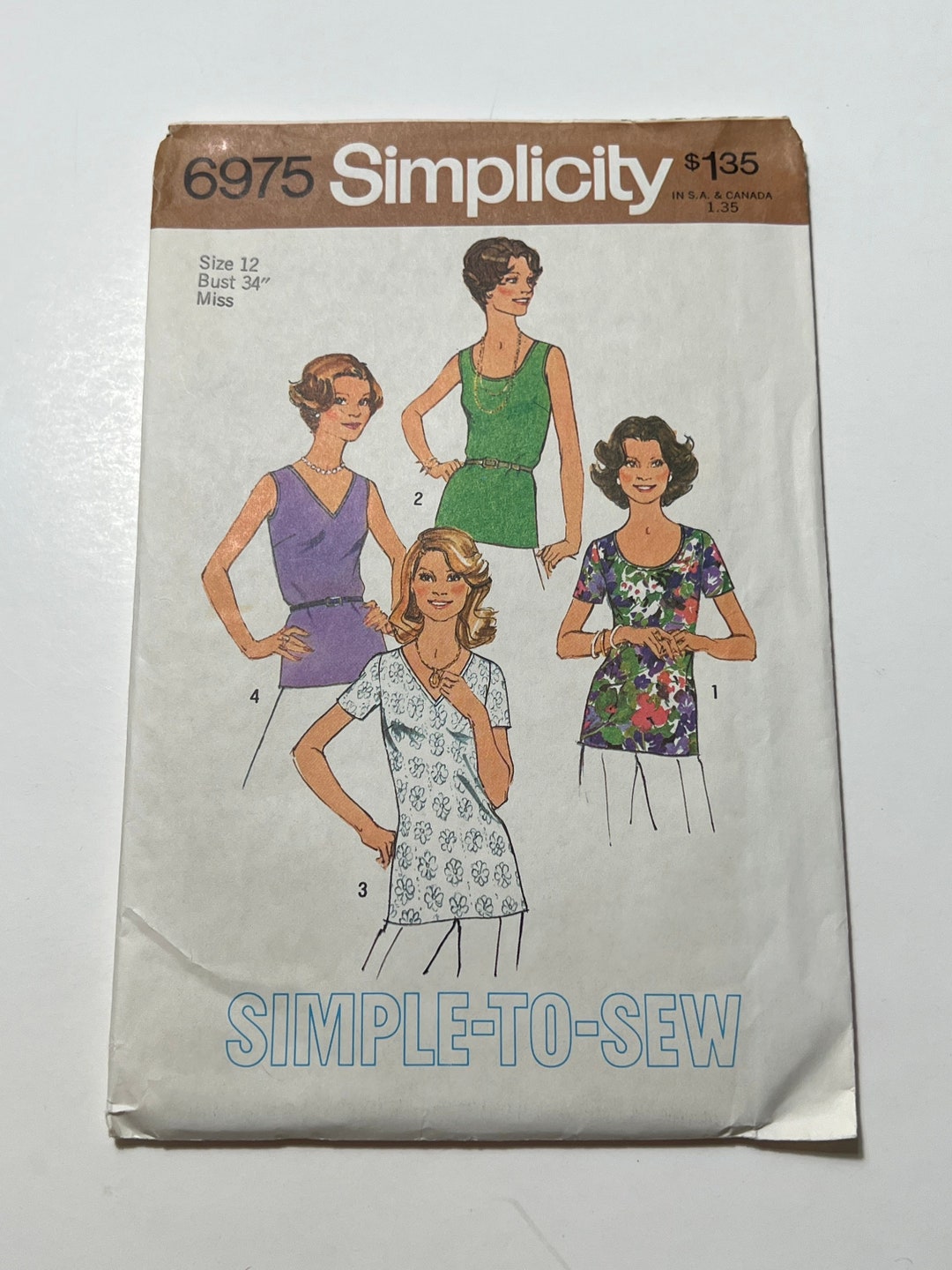 70s Simple to Sew Tops Pattern, Easy Short Sleeve and Sleeveless Shirt ...