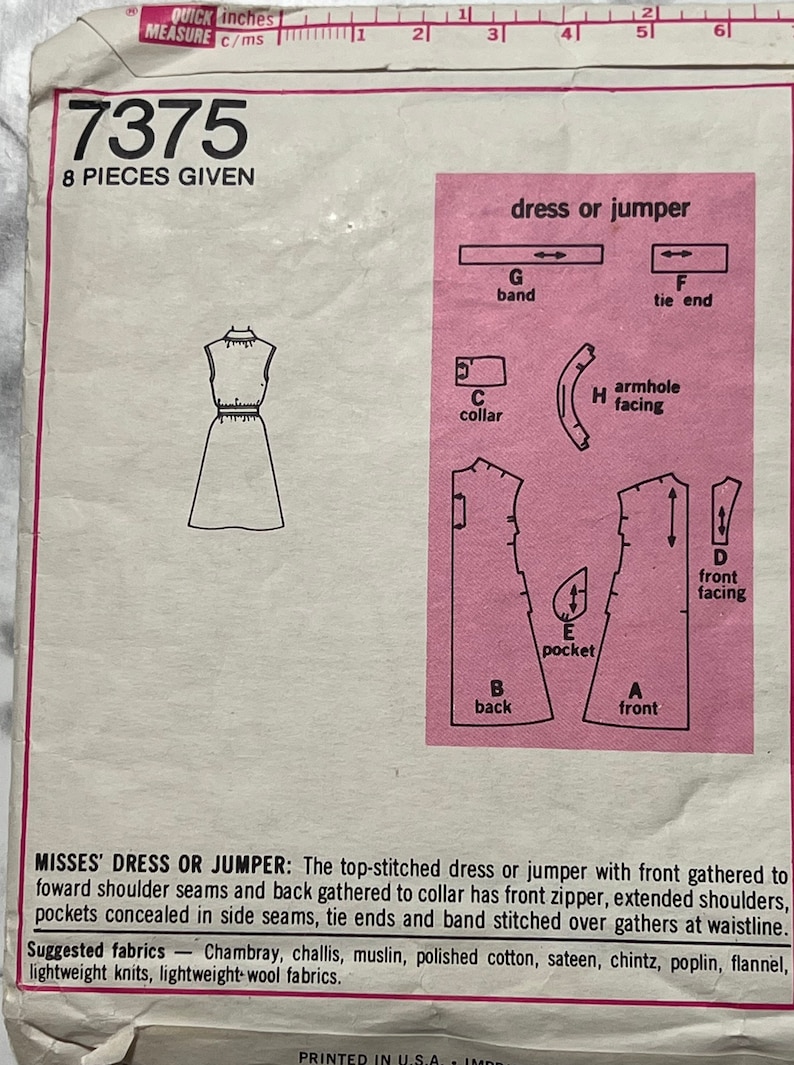 70s Misses Dress or Jumper Pattern, Short Sleeve Collared Shirt Dress ...