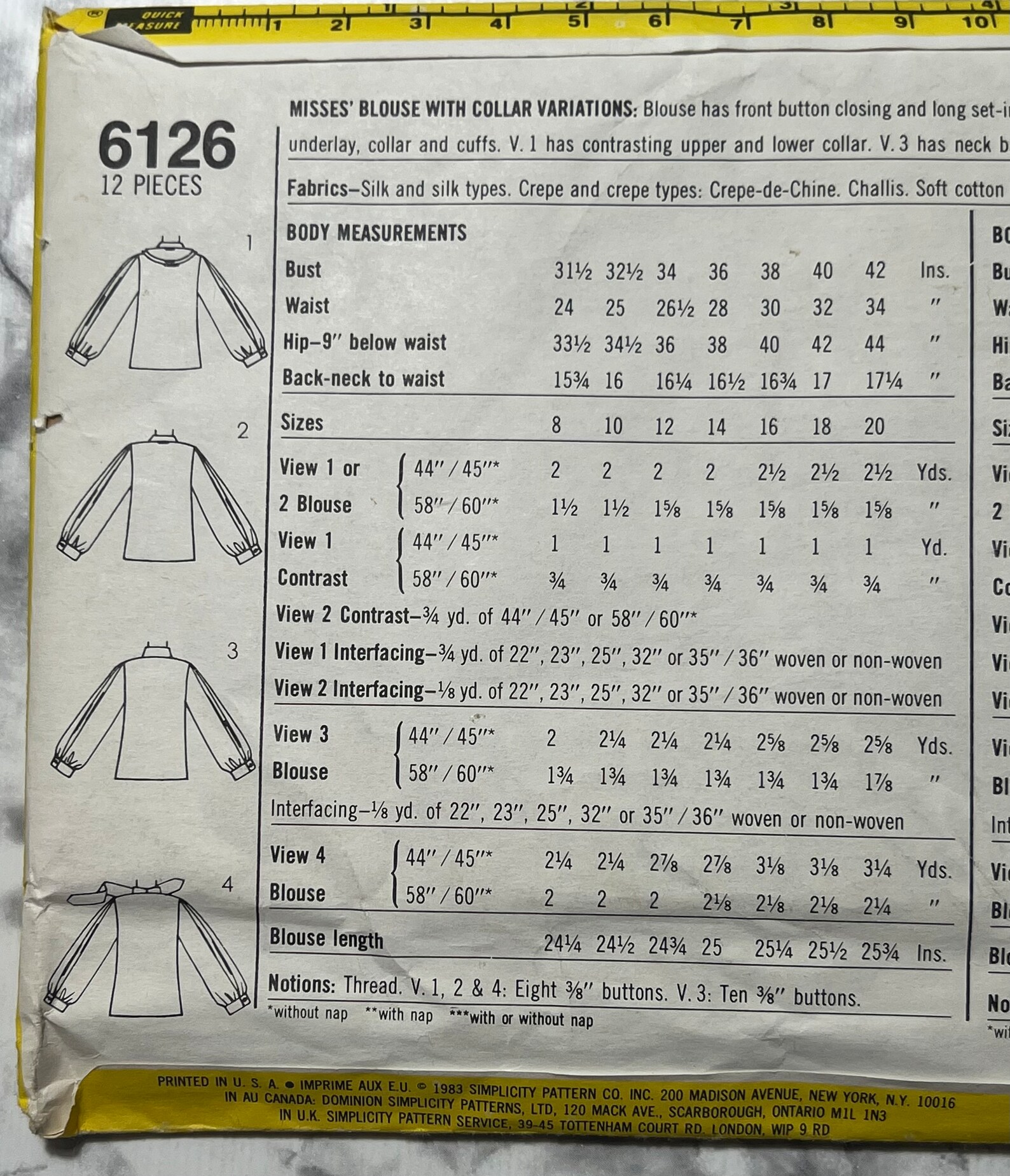 80s Misses Blouse Pattern With Collar Variations, Loose Fitting Long ...
