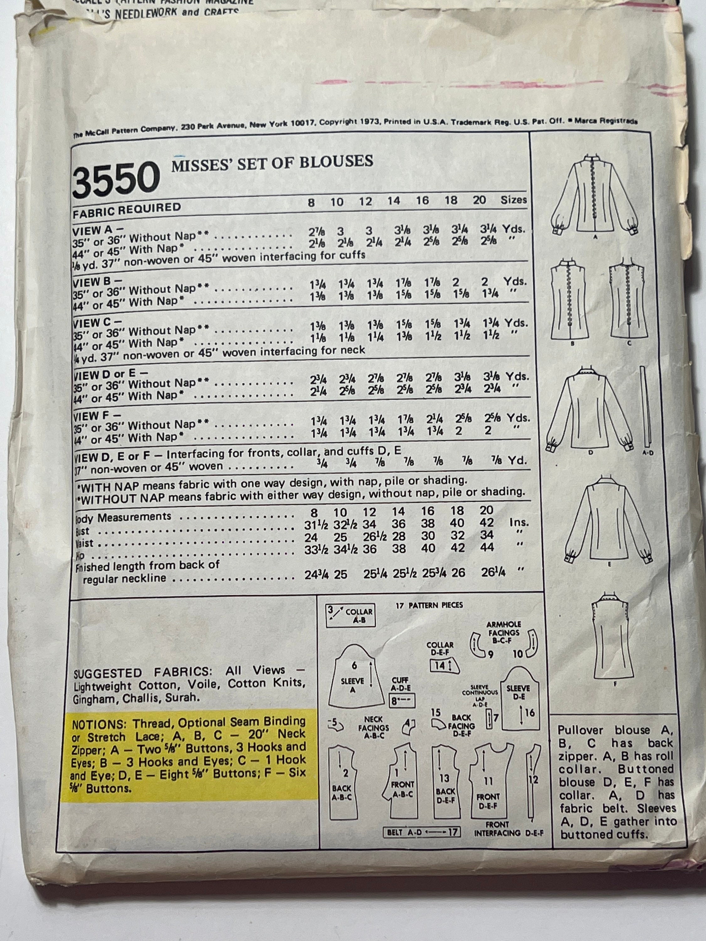 70s Misses Set of Blouses Pattern, Collared Button Down Shirt Pattern ...