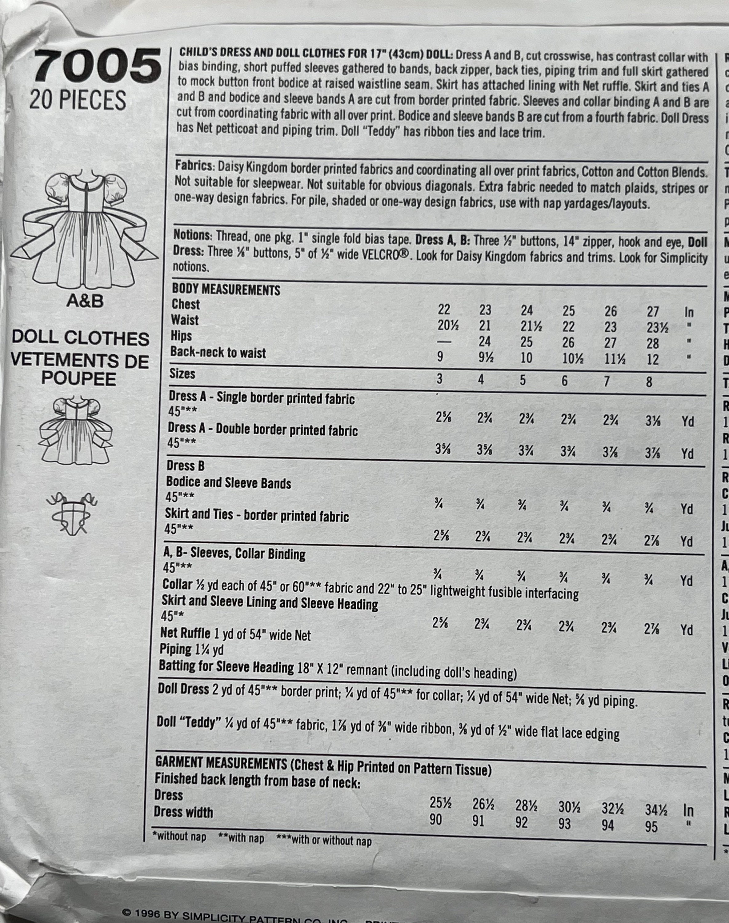 90s Daisy Kingdom Child's Dress and Doll Clothes Pattern for 17 43 Cm ...
