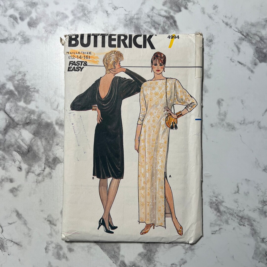 90s Fast and Easy Misses' Dress Pattern, Long Sleeve Cowl Back Dress ...