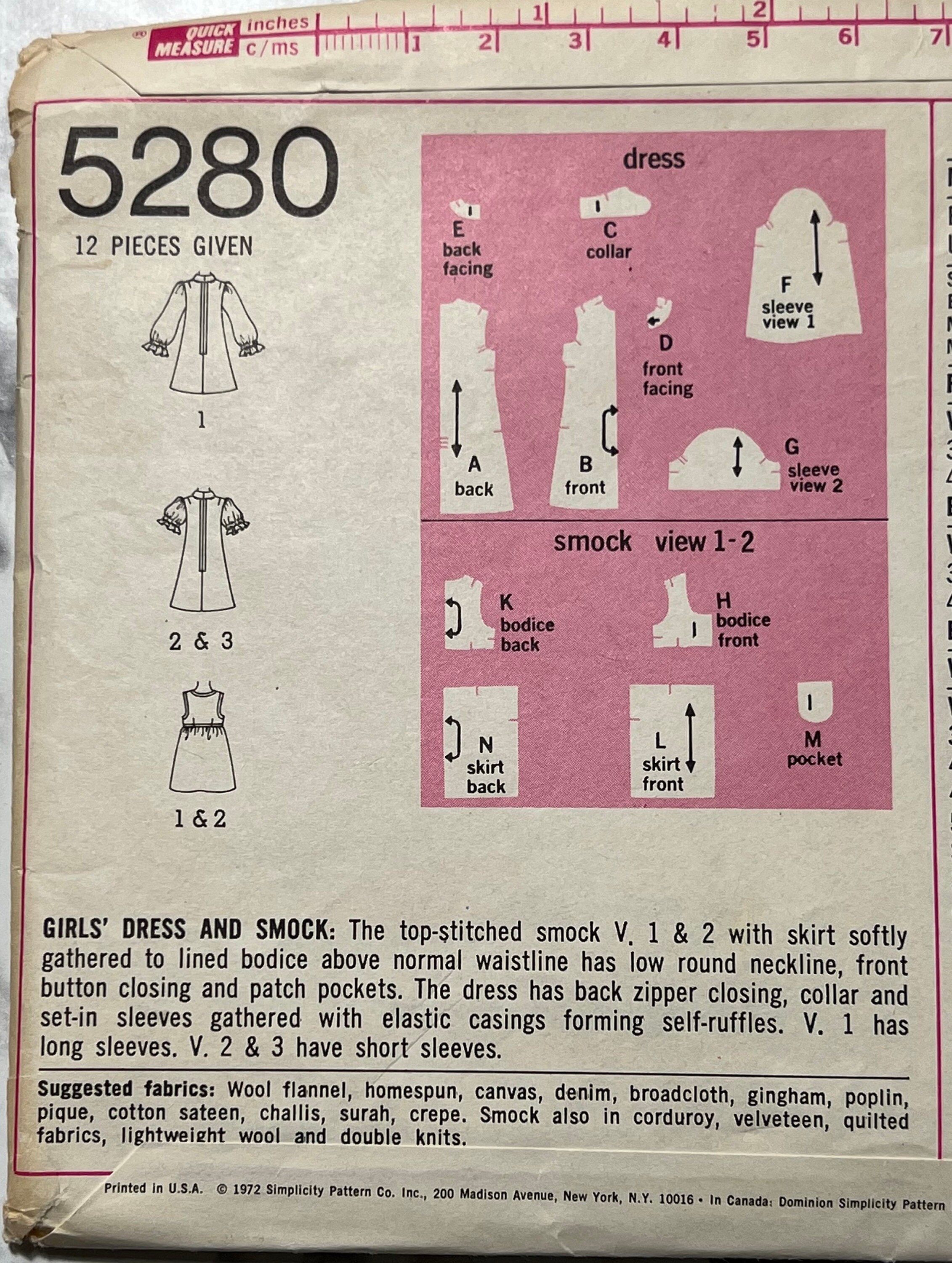 70s Girl's Dress and Smock Pattern, Long or Short Sleeve Dress With ...