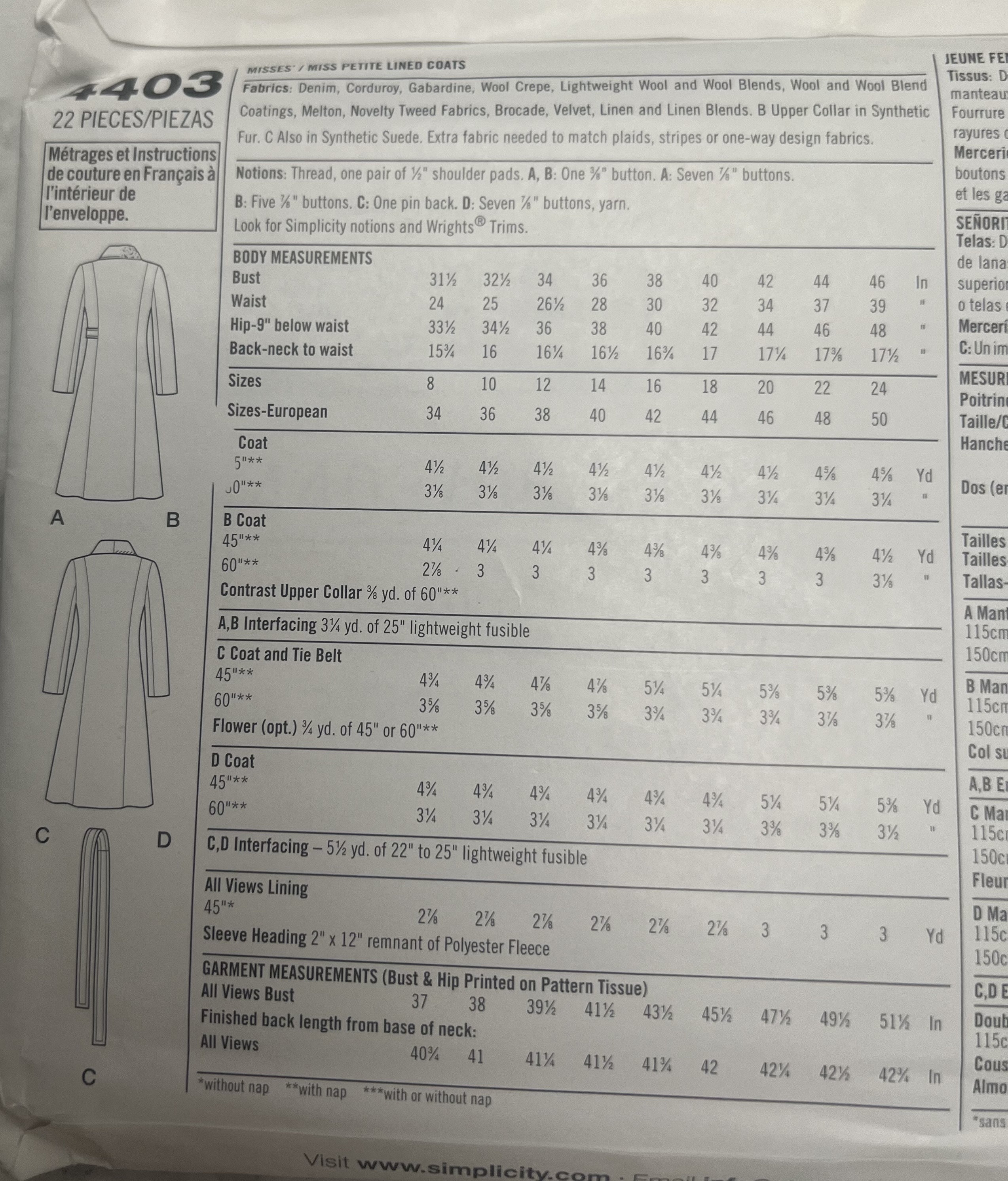 Early 2000s Threads Collection Misses'/miss Petite Lined Coats Pattern ...