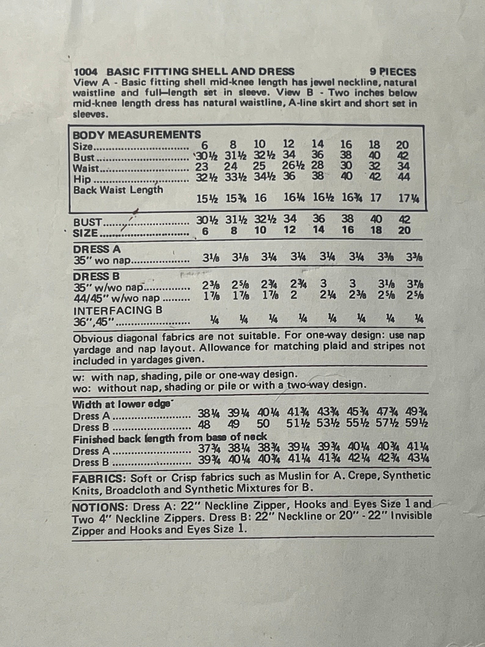 70s Vogue's Guide to Perfect Fit of Fitted Garments Pattern, Basic ...