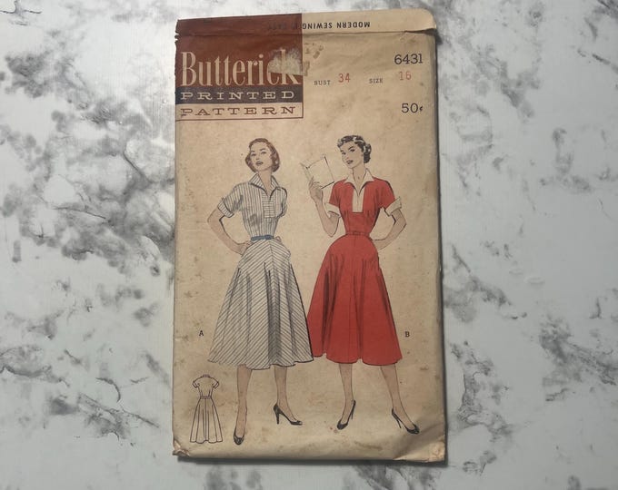 50s One Piece Dress Pattern, Knee Length Short Sleeve Collared Dress ...