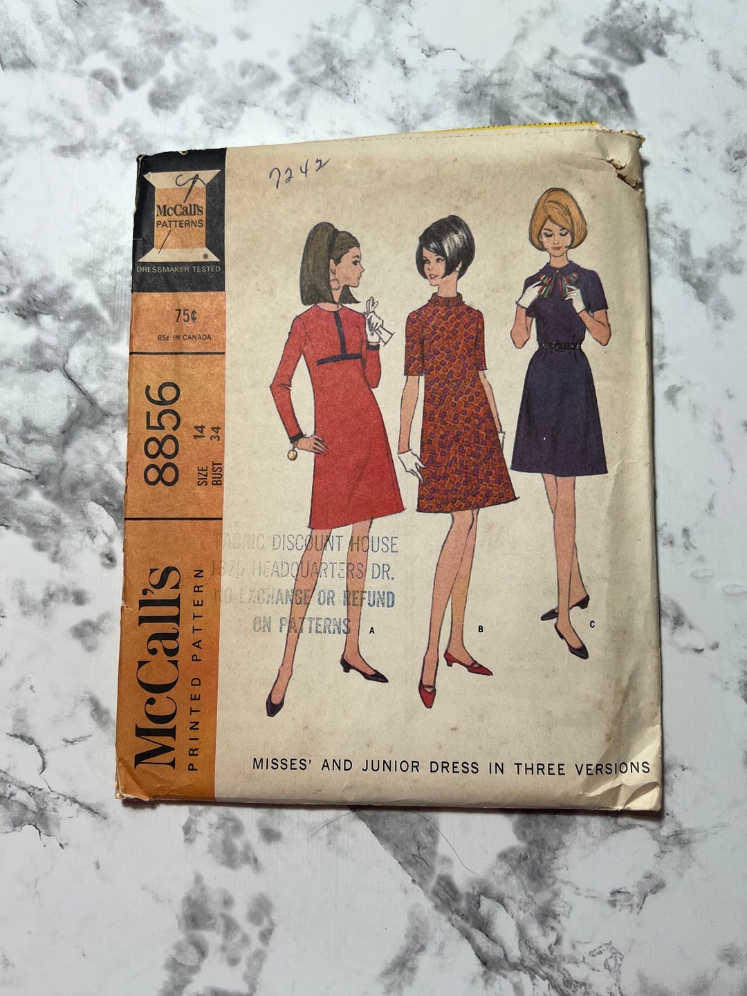 60s Misses and Junior Dress Pattern in 3 Versions, Long or Short Sleeve ...