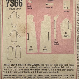 60s Misses Step in Dress Pattern in 2 Lengths, Long or Short Sleeve ...