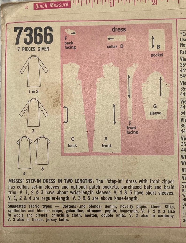 60s Misses Step in Dress Pattern in 2 Lengths, Long or Short Sleeve ...