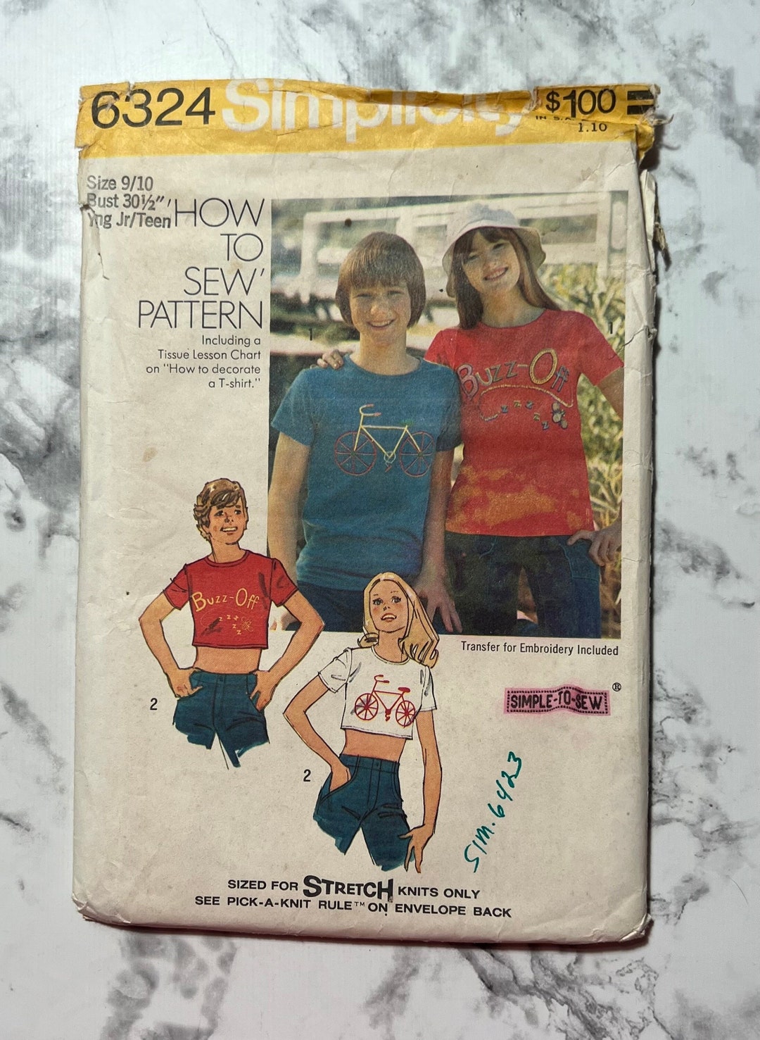 70s "how to Sew" Pattern, Simple to Sew Young Juniors or Teens' T-shirt ...