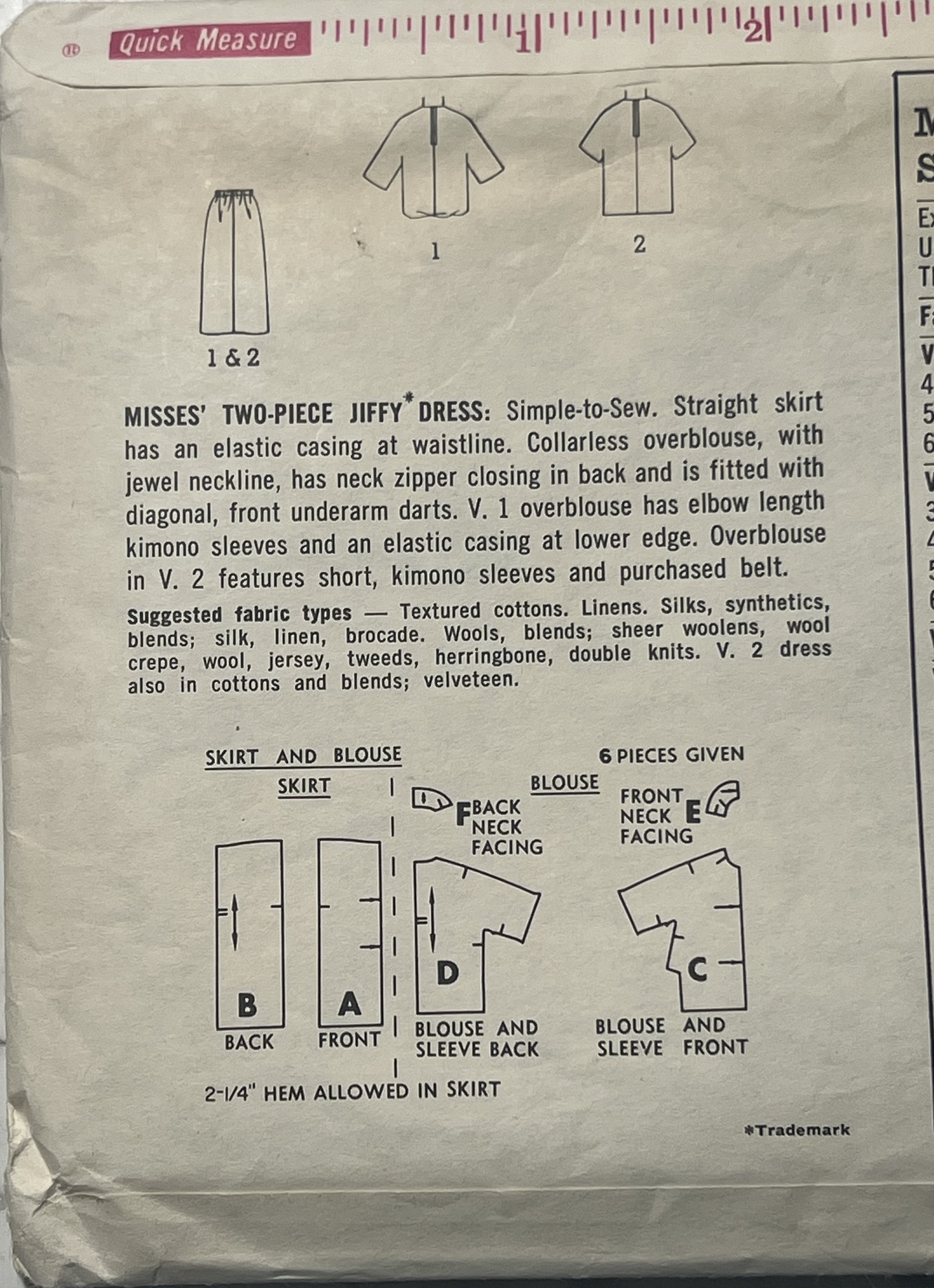 60s Misses' Two-piece Jiffy Dress Pattern, Blouse With Short or Elbow ...
