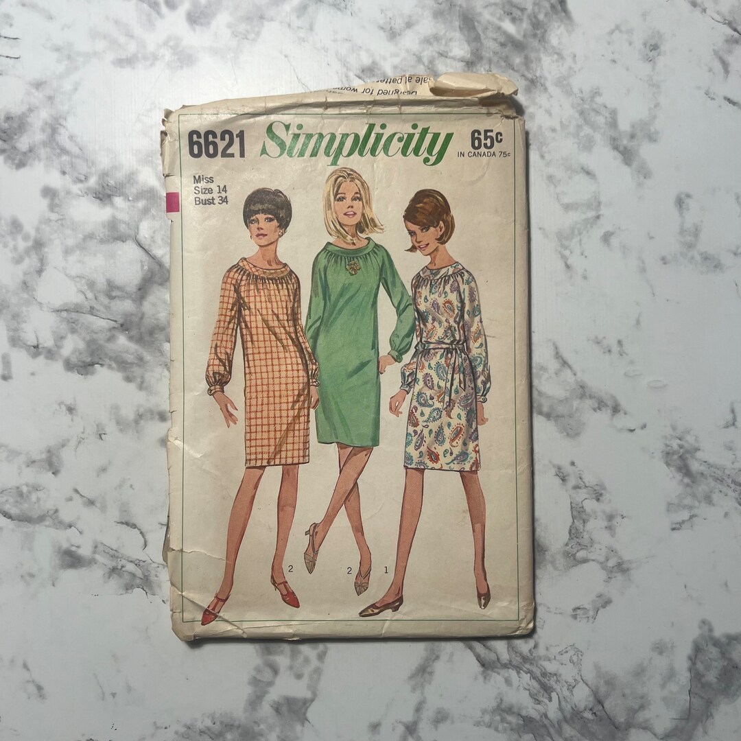 60s Misses' One-piece Dress Pattern, Long Sleeve Round Neck Knee Length ...