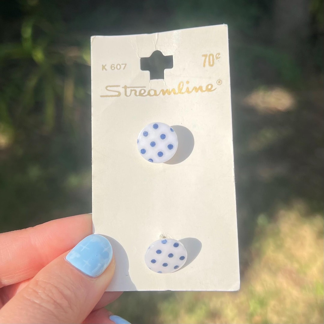 Vintage Streamline Blue and White Polka Dot Buttons, Set of 2 Round ...