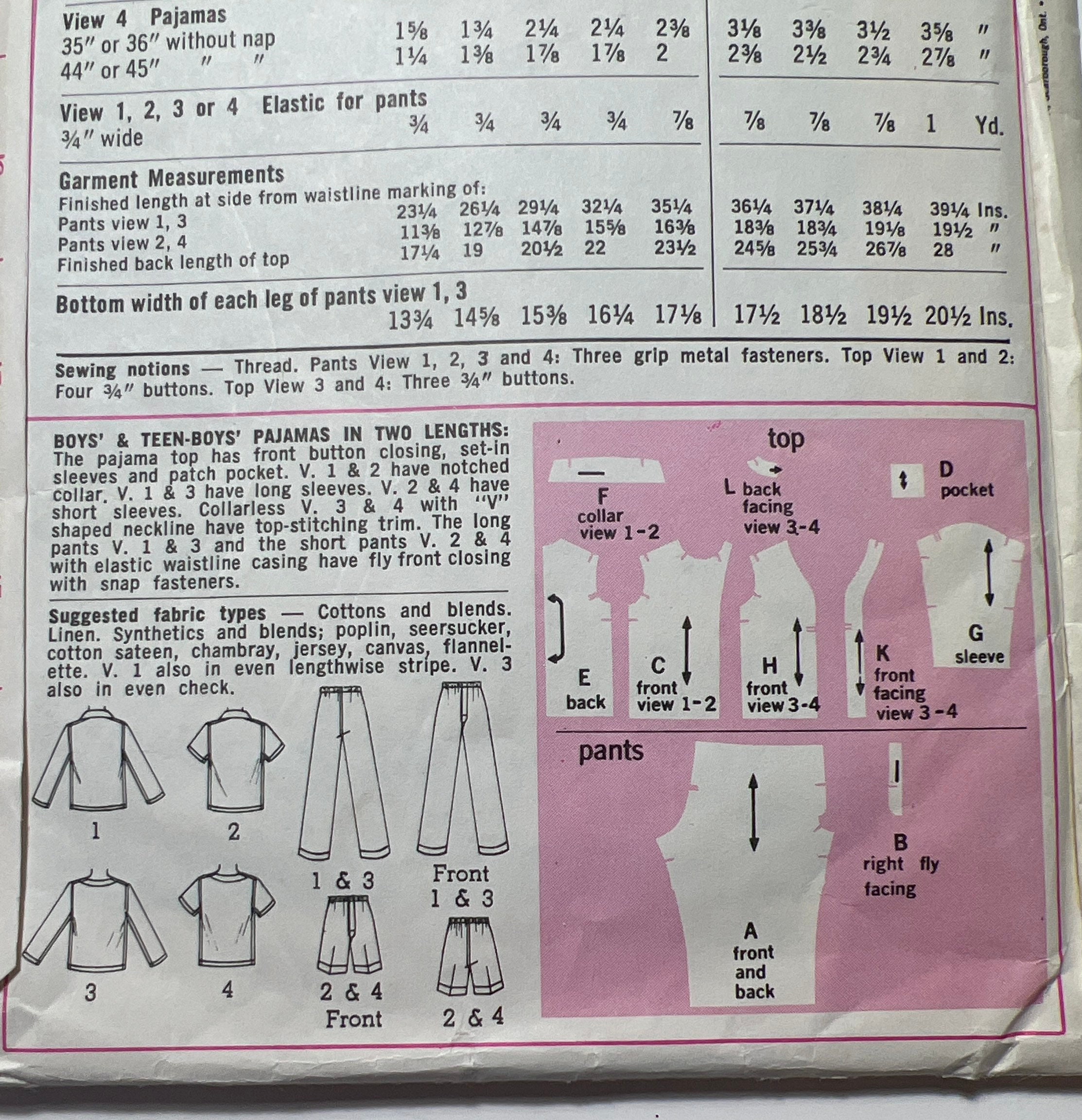 70s Boys and Teen Bots Pajamas Pattern in 2 Lengths, Collared Pajama ...