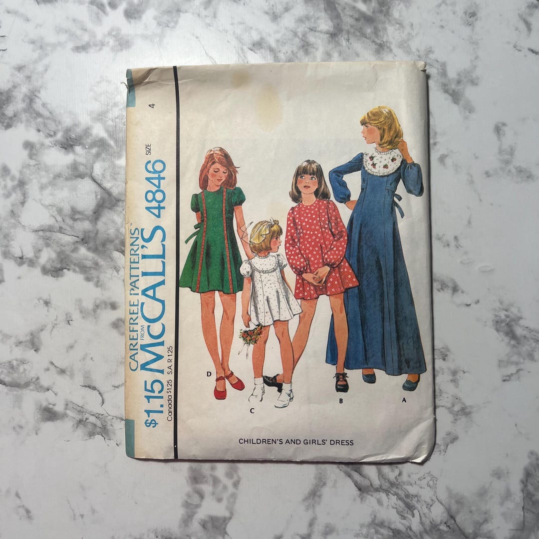 70s Children's and Girls' Dress Pattern, Kids Long or Short Sleeve ...