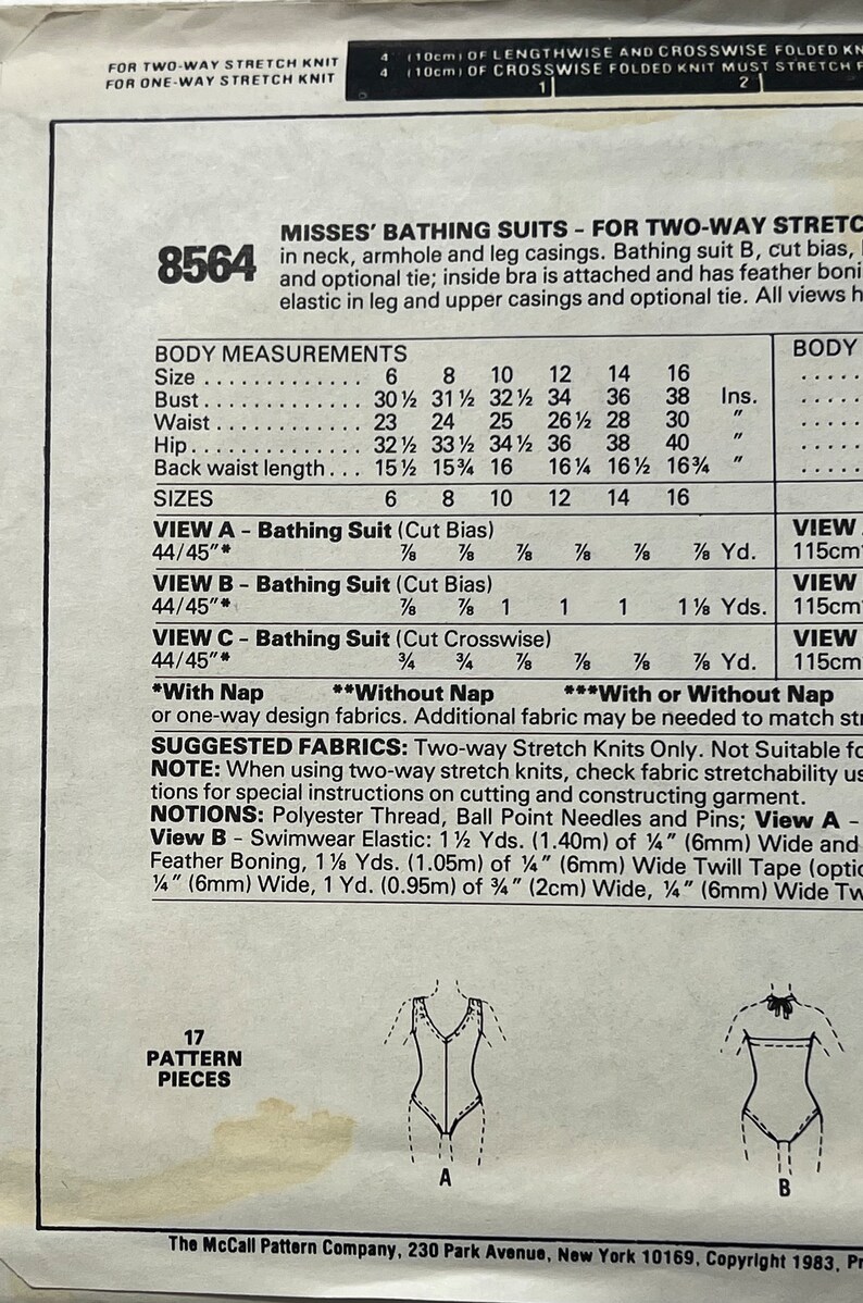 80s Misses Bathing Suits Pattern for 2 Way Stretch Knits Only, One ...